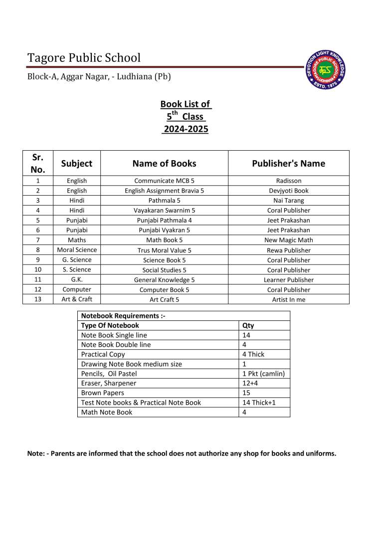 Book List of 5th Class 2024-2025 - Tagore Public School