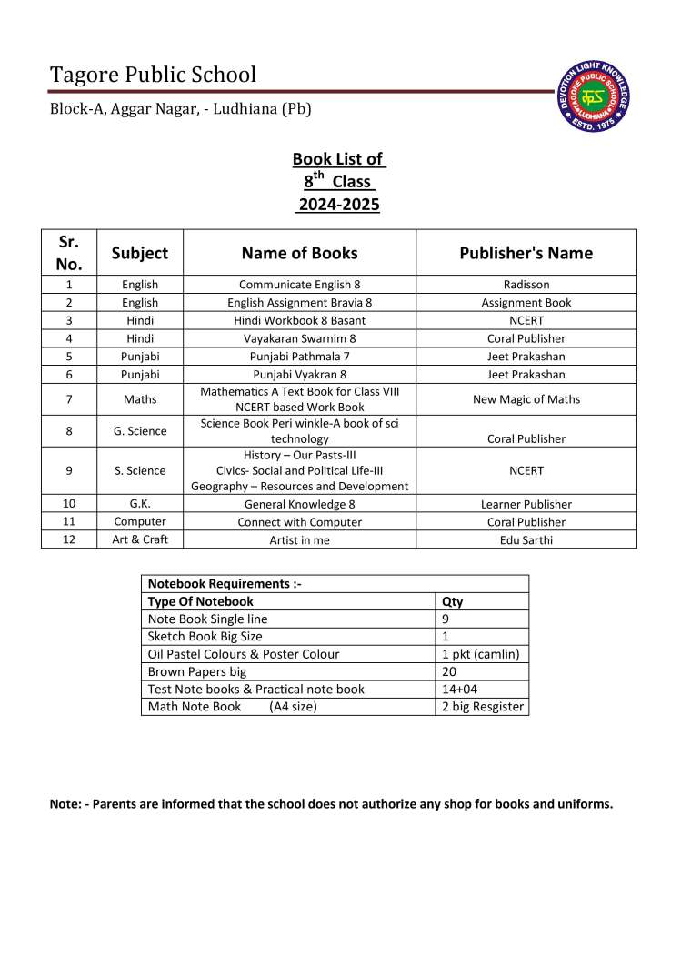 Book List of 8th Class 2024-2025 - Tagore Public School