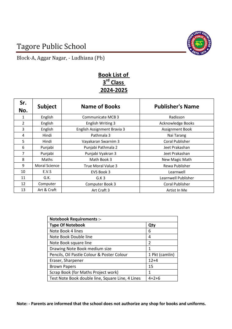 Book List of 3rd Class 2024-2025 - Tagore Public School